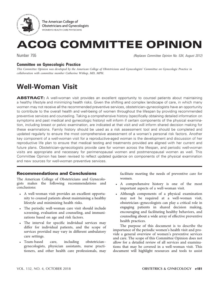Acog Committee Opinion No 755 Summary 2018 Well Woman | PDF ...
