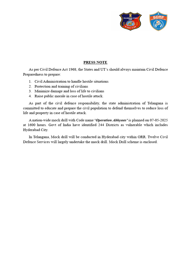 Mock Drill Press Note 07052025 | PDF | Civil Defense