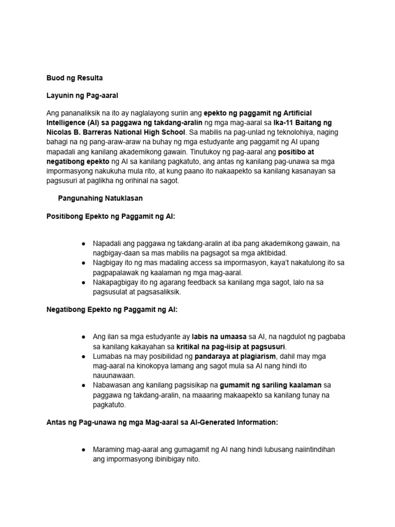 Buod NG Resulta (Summary of Findings) | PDF