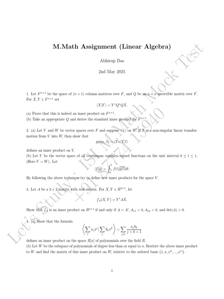 M Math Linear Algebra Assignment | PDF | Matrix (Mathematics) | Matrix Theory