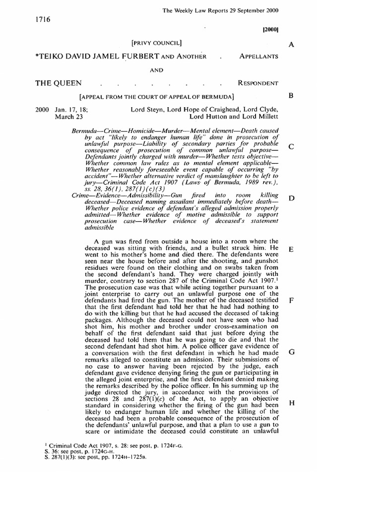 TEIKO DAVID JAMEL FURBERT and Another Appellants and THE QUEEN Respondent [2000] 1 WLR 1716 | PDF