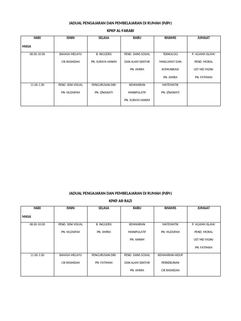 Jadual Pengajaran Dan Pembelajaran Di Rumah | PDF