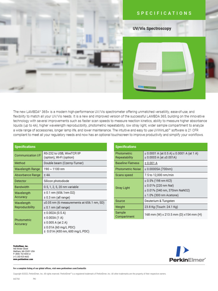 LAMBDA 365+ Specification Sheet | PDF | Ultraviolet–Visible Spectroscopy | Electromagnetic Spectrum