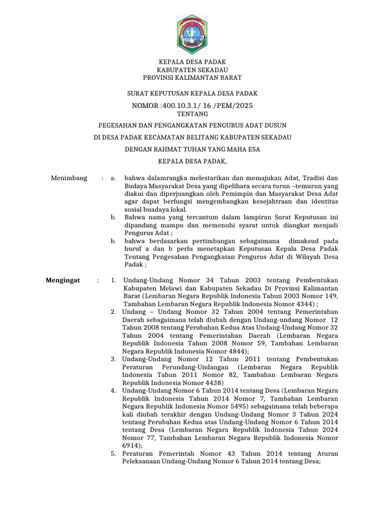 Pengangkatan Pengurus Adat Desa Padak | PDF