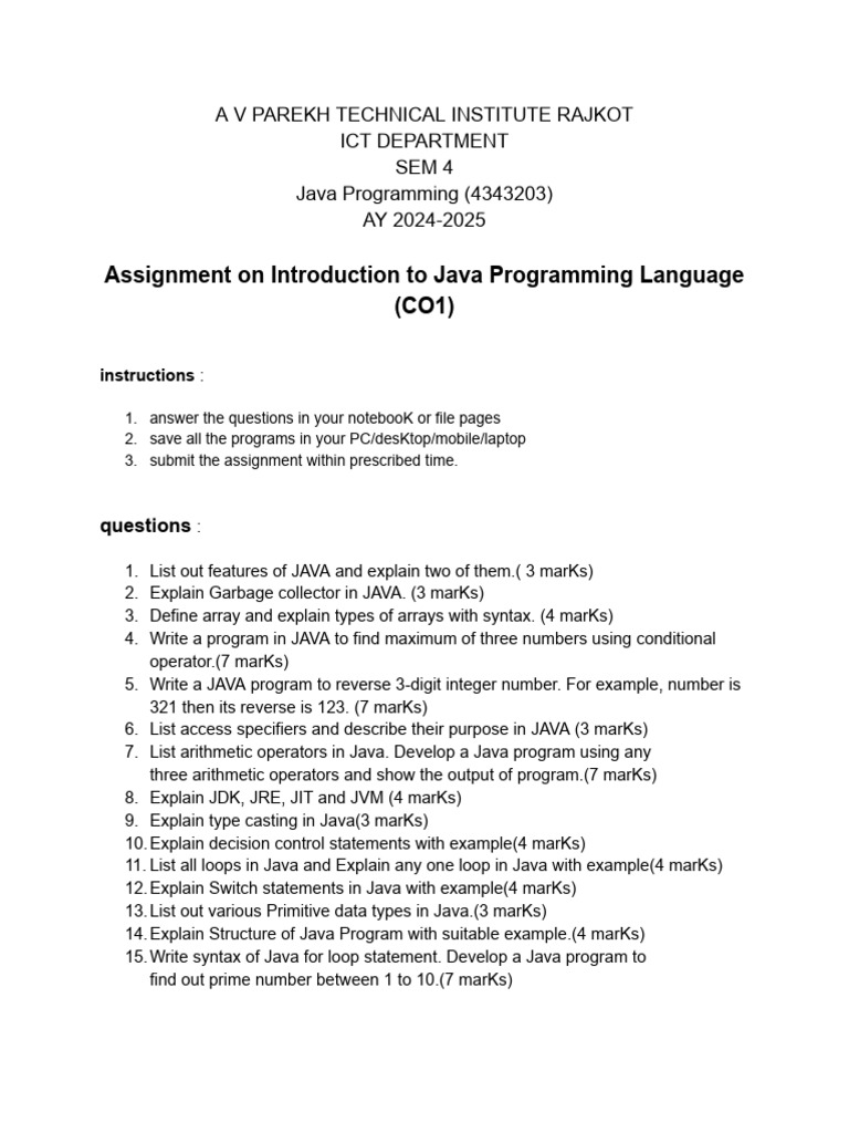 JAVA Assignment 1 | PDF