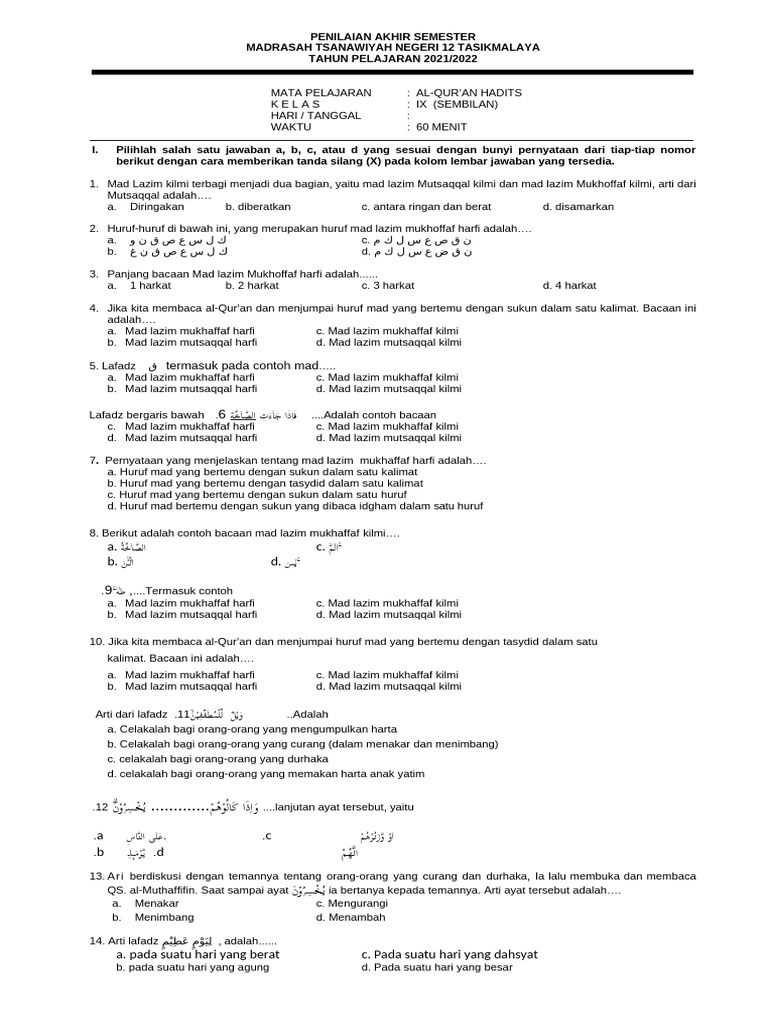 Soal Pas Qurdis Kelas 9 SMT 1 2021 | PDF