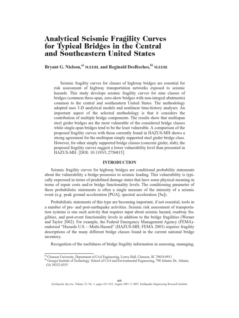 Analytical Seismic Fragility Curves For Typical Bridges in The Central ...