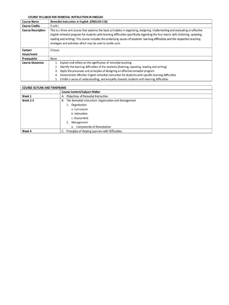 Remedial Instruction Syllabus | PDF
