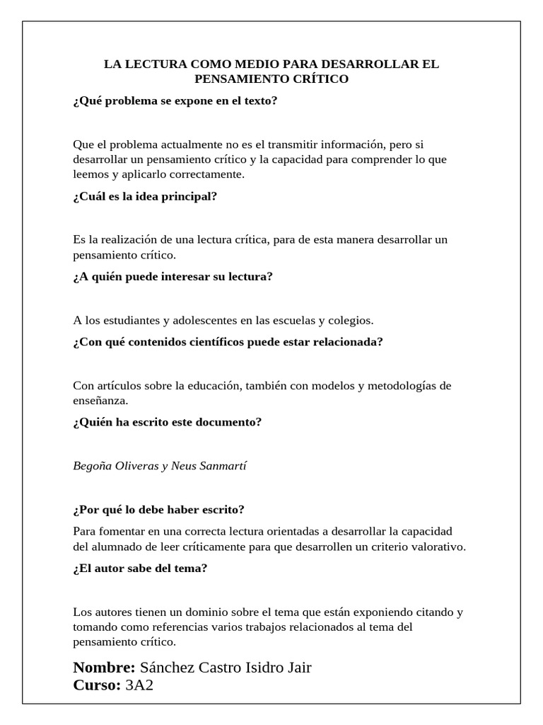 La Lectura Como Medio para Desarrollar El Pensamiento Crítico | PDF ...