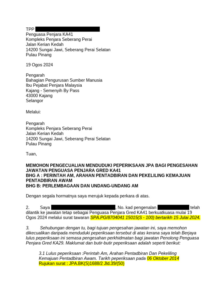 Surat Permohonan Pengecualian Peperiksaan Jpa | PDF
