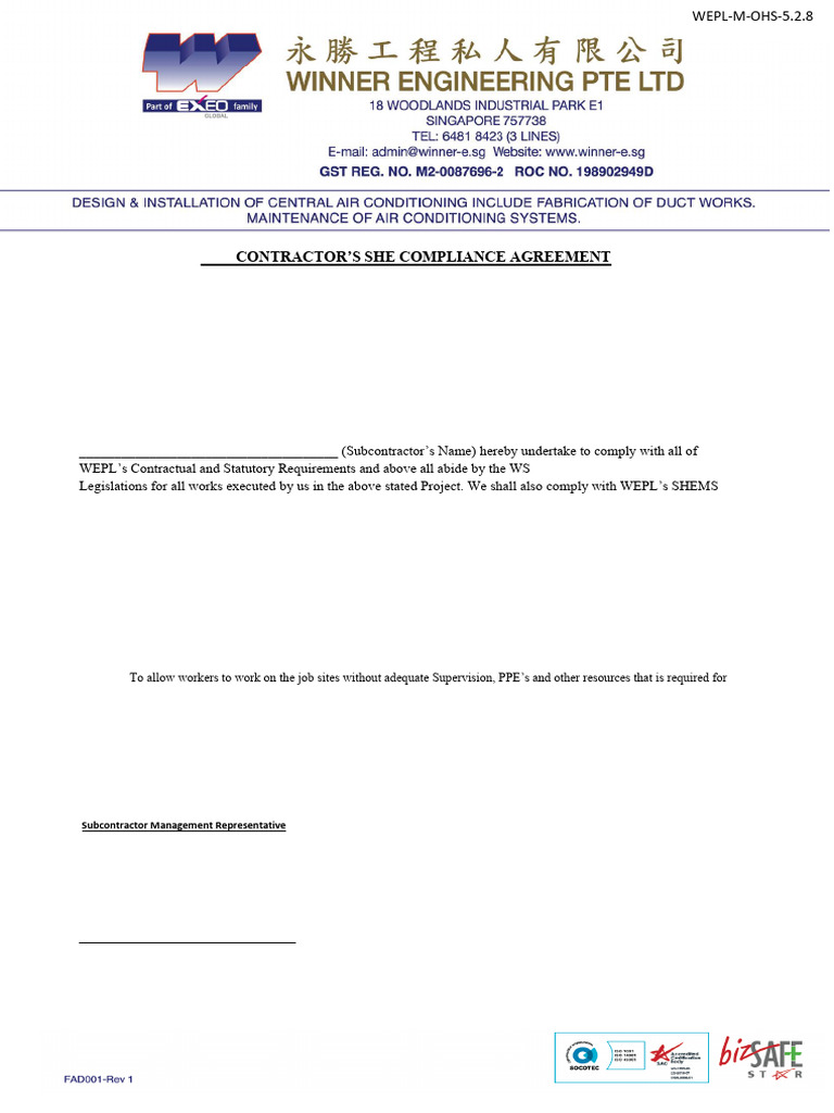 SHE Compliance Agreement for Sub-Contractors | PDF | Subcontractor ...