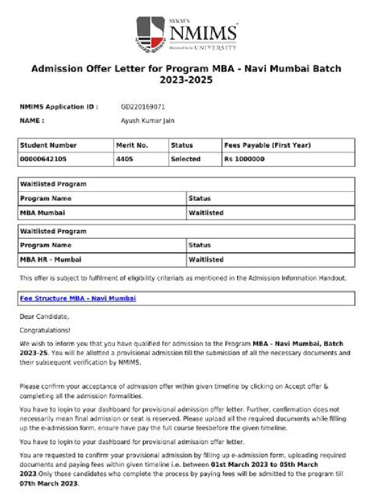 NMIMS_Admission_Offer_Letter | PDF