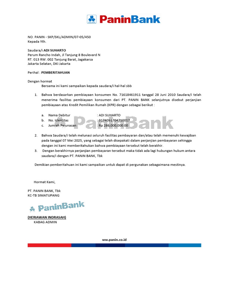 Keterangan Lunas KPR-Panin Bank TBK | PDF