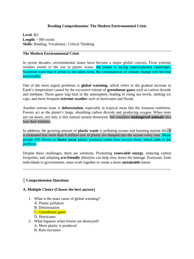 Reading Comprehension- The Modern Environmental Crisis | PDF | Climate ...