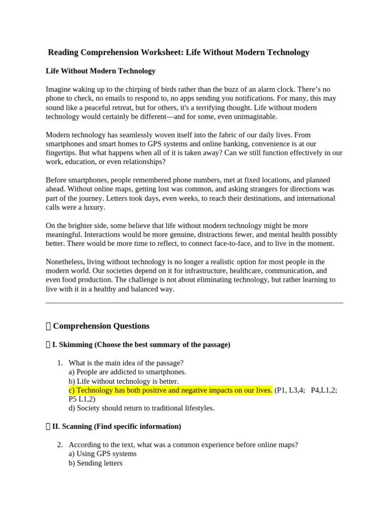 Reading Comprehension Worksheet-Life Without Modern Technology | PDF | Reading Comprehension ...