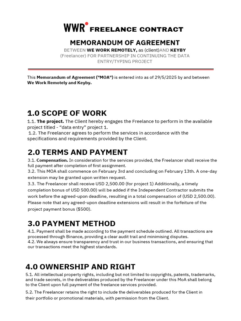 Memorandum of Agreement - Keyby. | PDF | Freelancer | Business Law