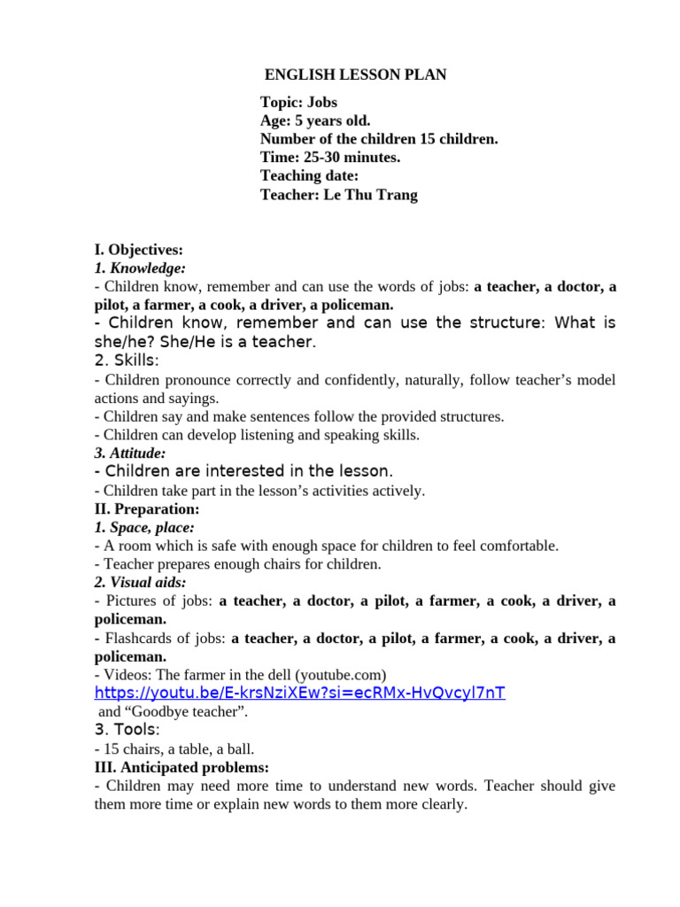 Le Thu Trang English Lesson Plan Jobs | PDF | Behavior Modification ...