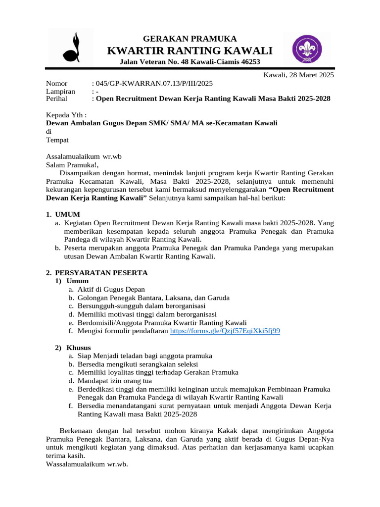 Surat Edaran Open Recruitment DKR 2025-2028 | PDF