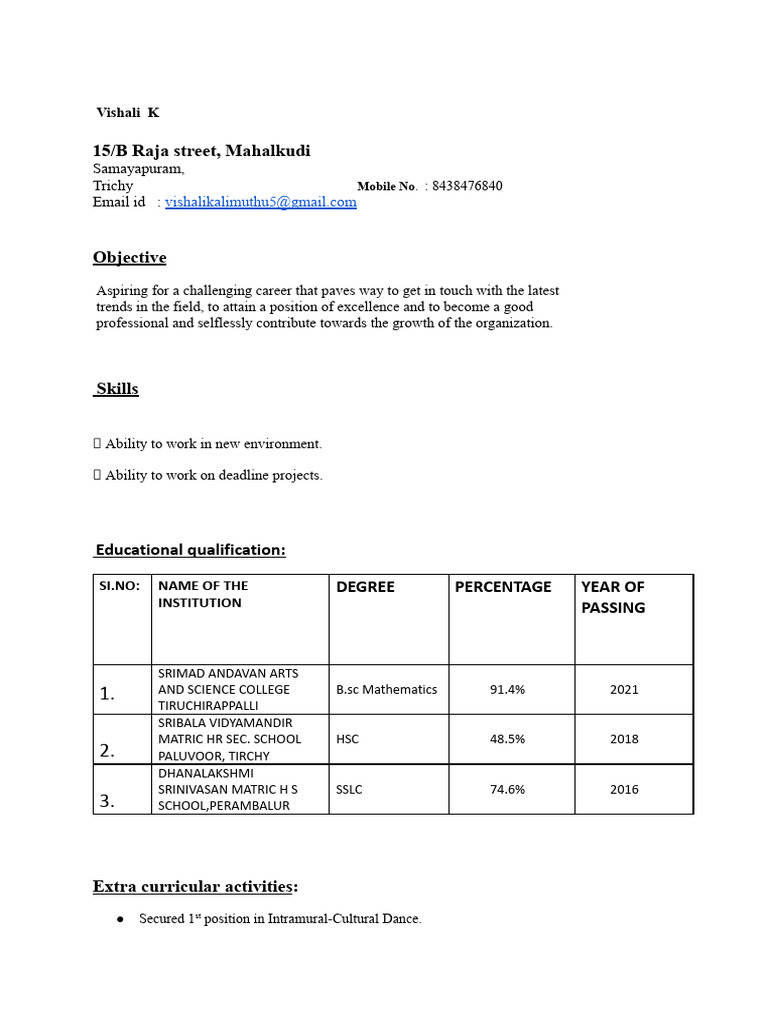 Vishali K Resume | PDF