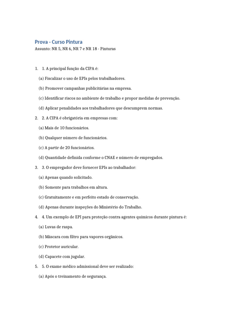 Prova Tecnico Edificacoes NR5 6 7 18 | PDF | Pinturas