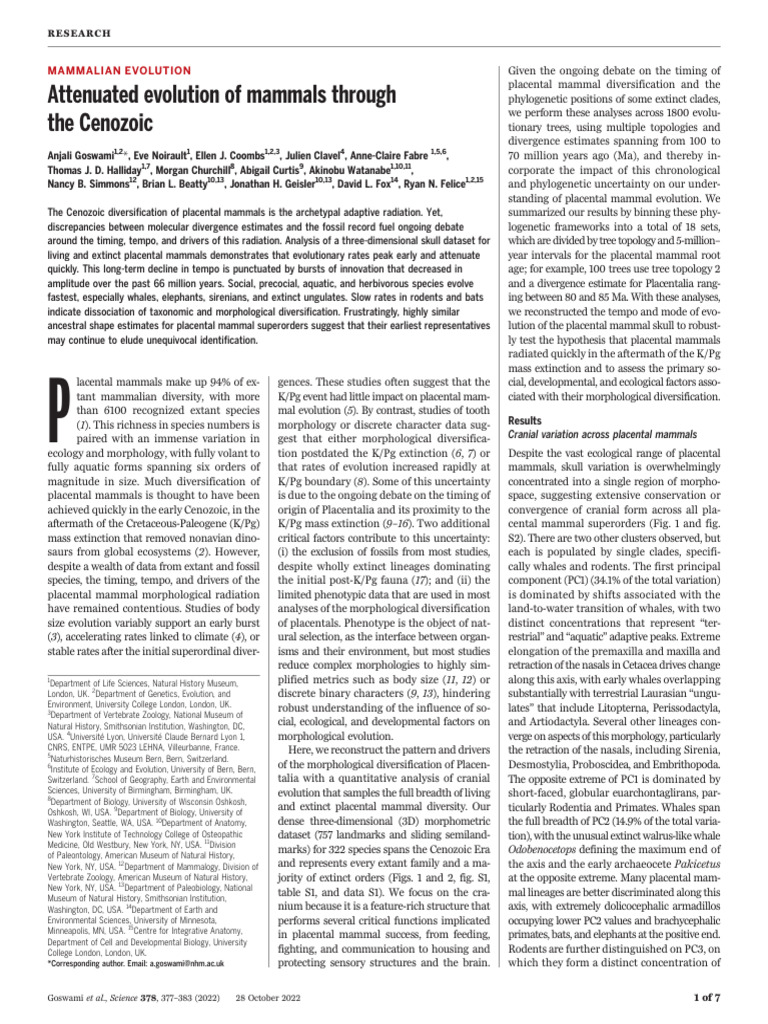 Attenuated Evolution of Mammals Through The Cenozoic (Goswami Et Al ...