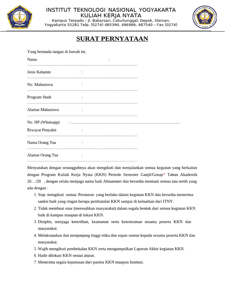 Surat Pernyataan KKN - Mhs | PDF