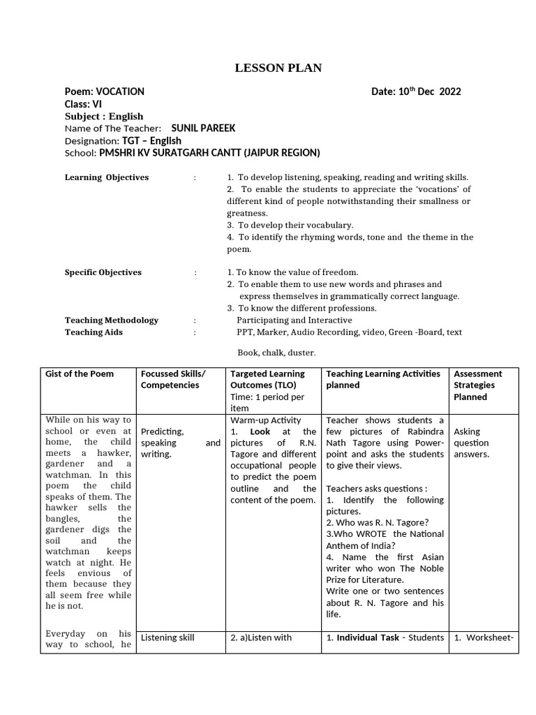 Vocation Poem Lesson Plan for Class VI | PDF | Poetry | Critical Thinking
