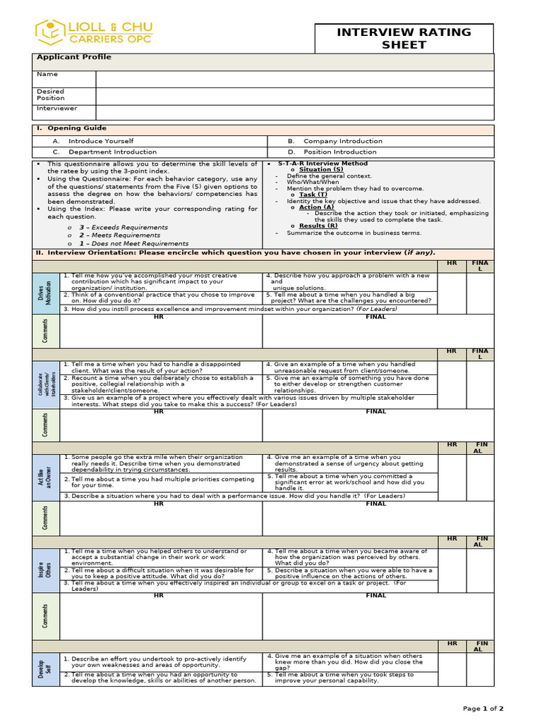 LCC HR Form InterviewRatingSheet | PDF | Skill | Psychological Concepts