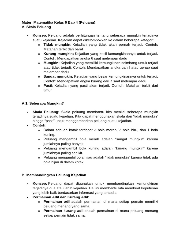 Materi Matematika Kelas 6 Bab 4 PELUANG | PDF