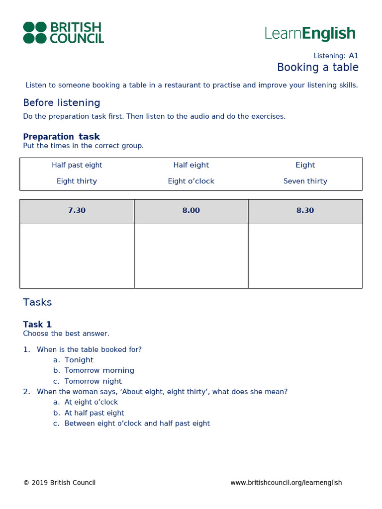 A1 Listening: Booking a Table | PDF