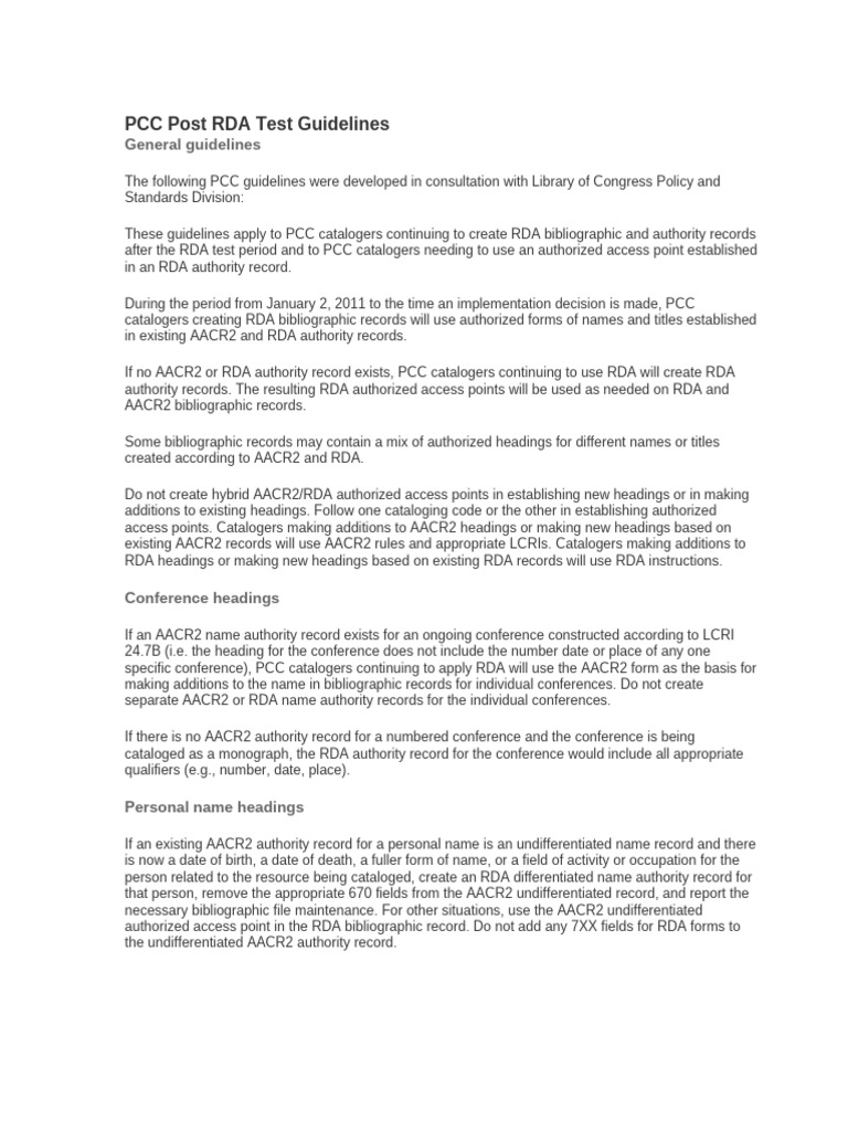PCC RDA Cataloging Guidelines | PDF | Metadata | Information Science