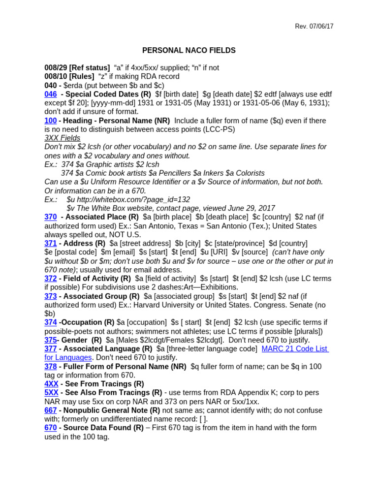 Personal NACO Fields Guidelines | PDF | Writing