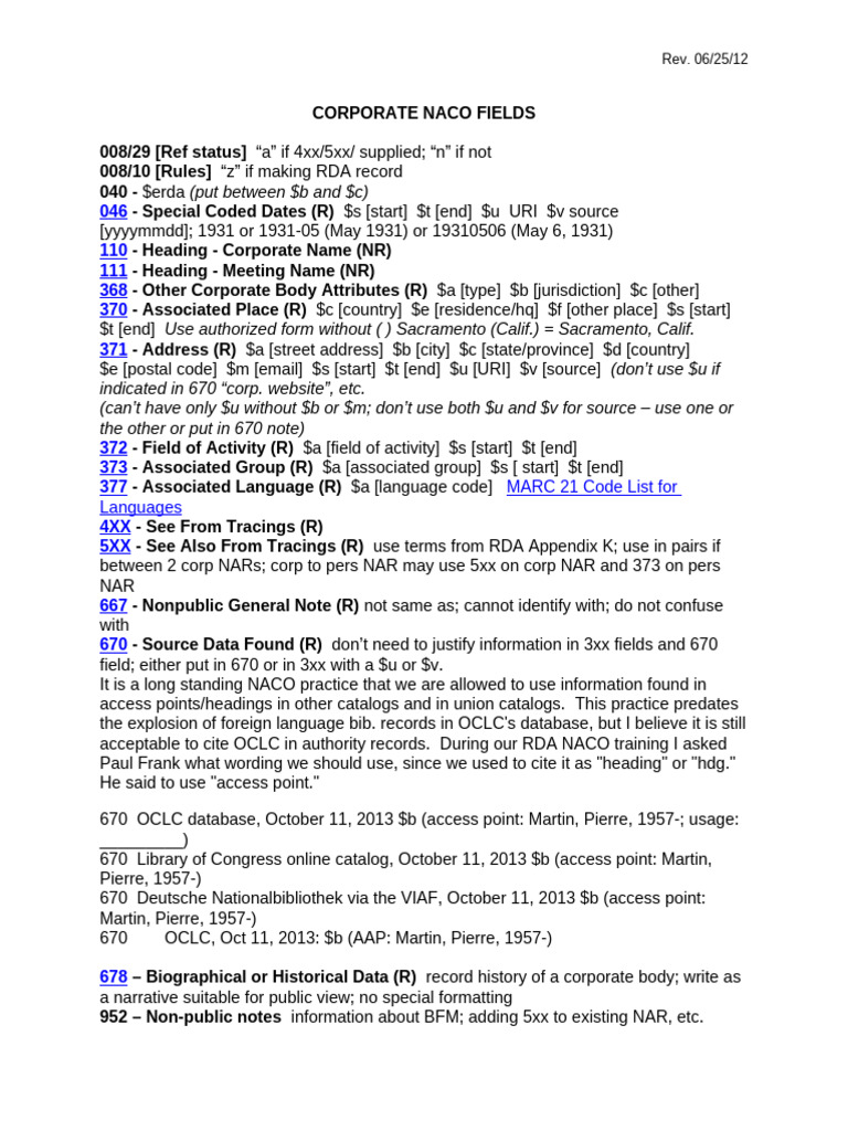 Cheatsheet Corp NACO Fields | PDF