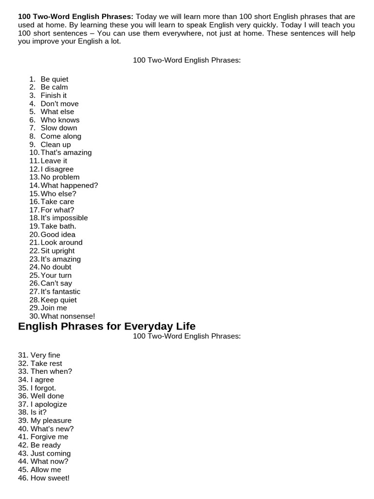 100 Two-Word English Phrases | PDF
