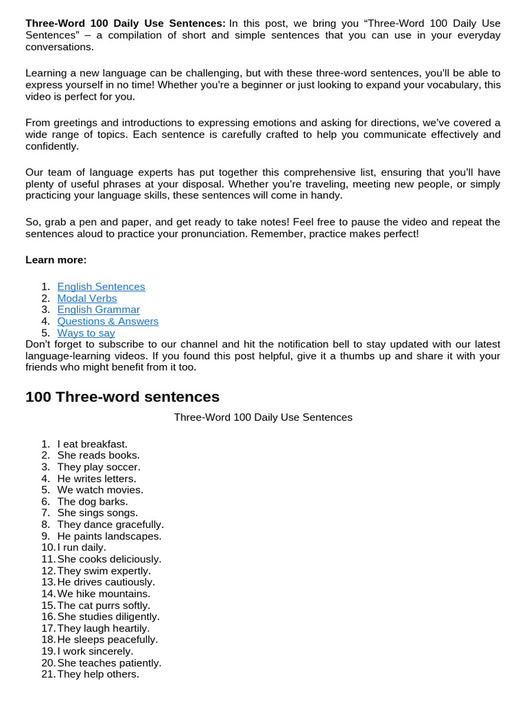 Three-Word 100 Daily Use Sentences | PDF | English Language | Linguistics