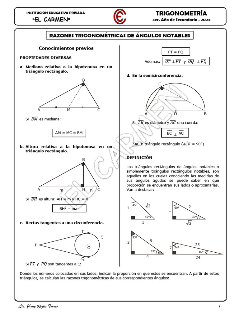 Razones Trigonometricas de Angulos Notables | PDF | Triángulo | Trigonometría