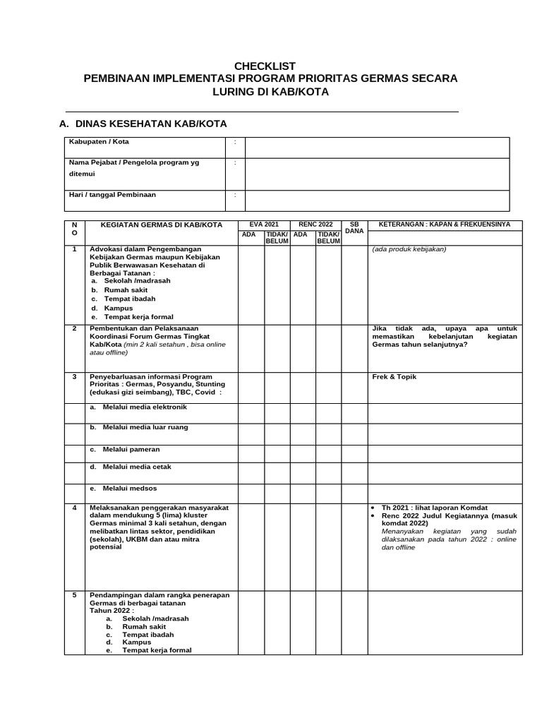 Checklist Implementasi Program Germas | PDF