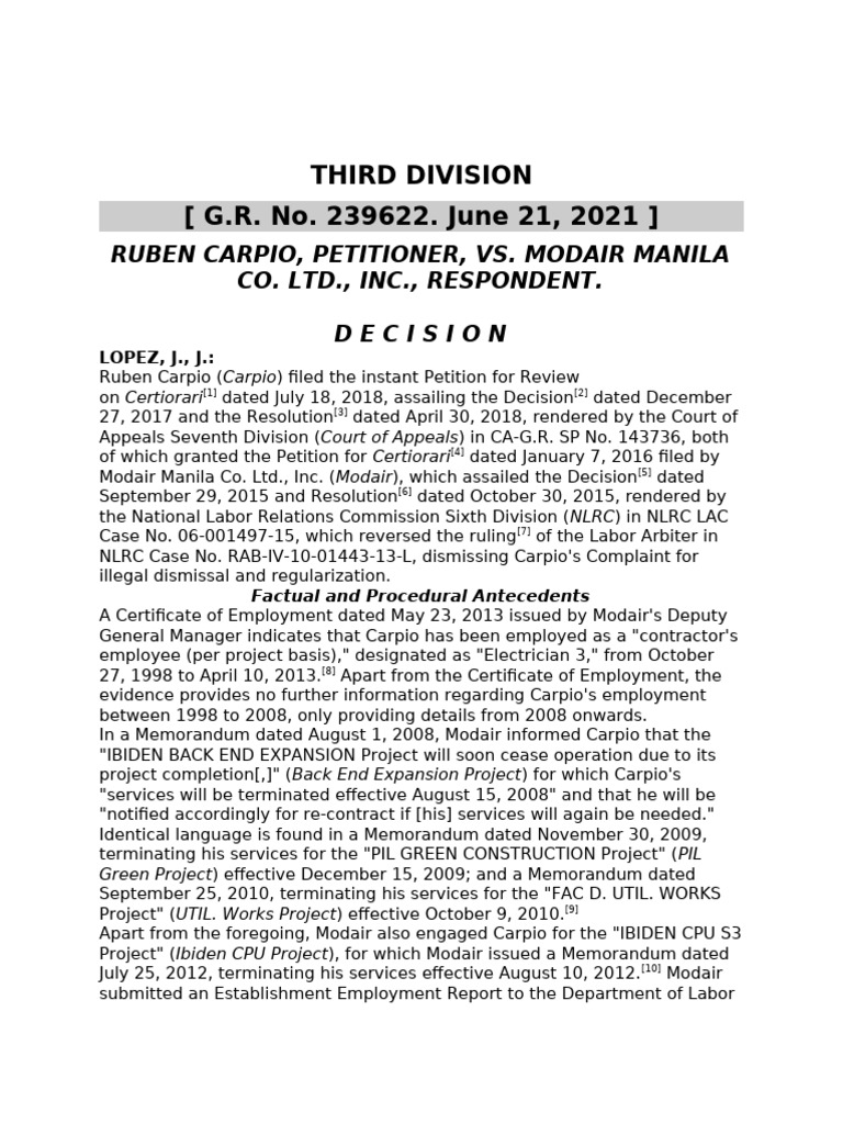 Carpio vs. Modair: Illegal Dismissal Case | PDF | Employment | Labour Law