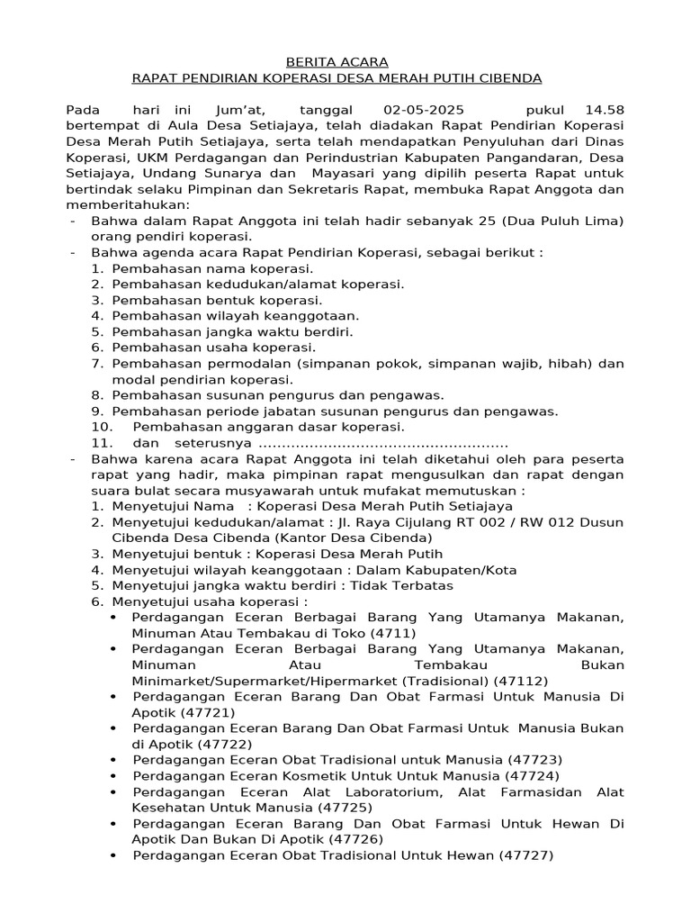 Contoh BA. Pendirian Kopdes Merah Putih | PDF