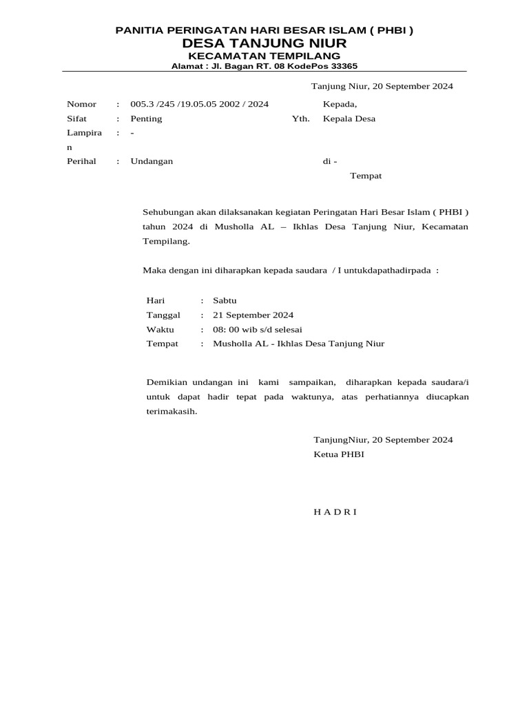 Undangan PHBI Desa Tanjung Niur 2024 | PDF