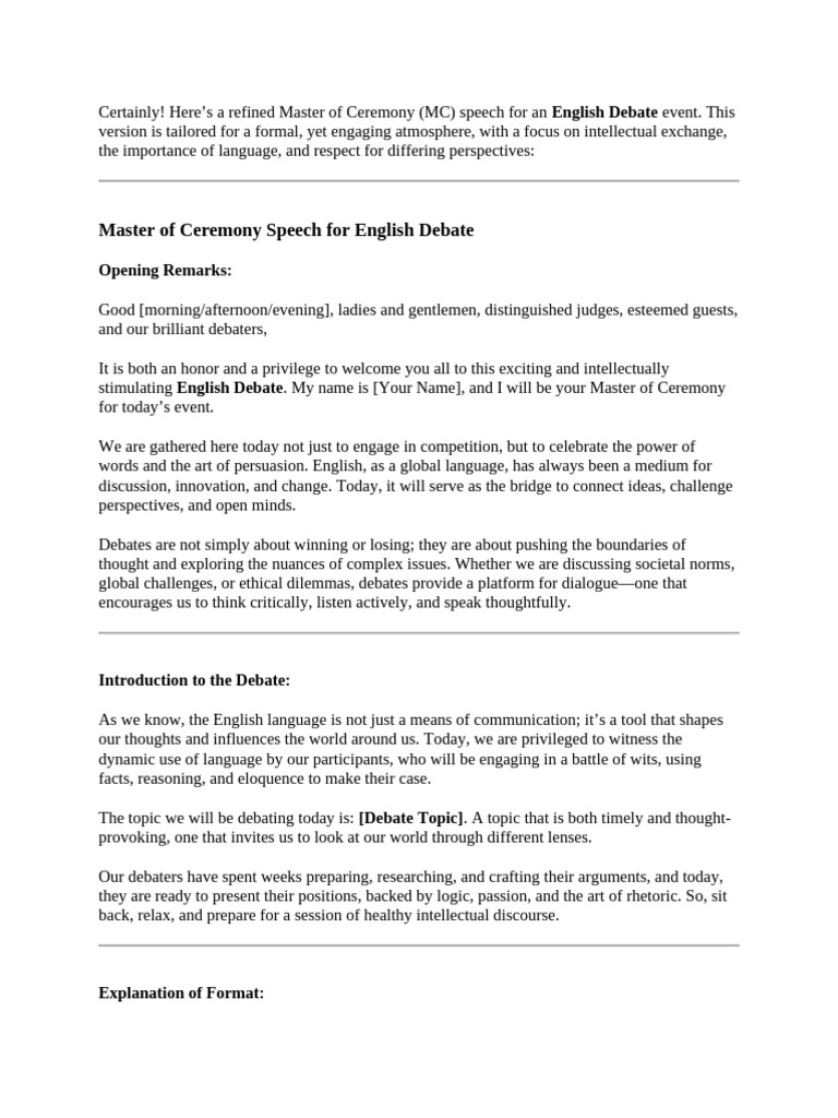 Master of Ceremony Speech For English Debate | PDF | Argument ...