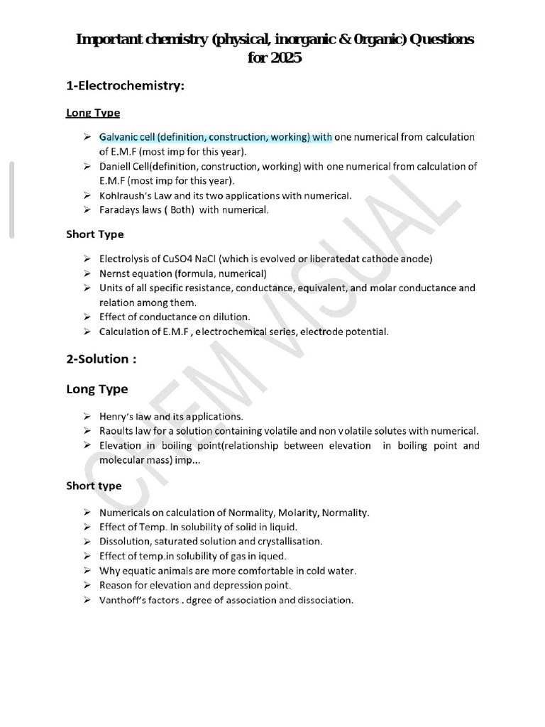 Chemistry Important Questions 2025 | PDF