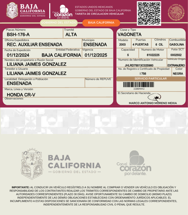 Gobierno Del Estado de Baja California Tarjeta de Circulacion Vehicular | PDF