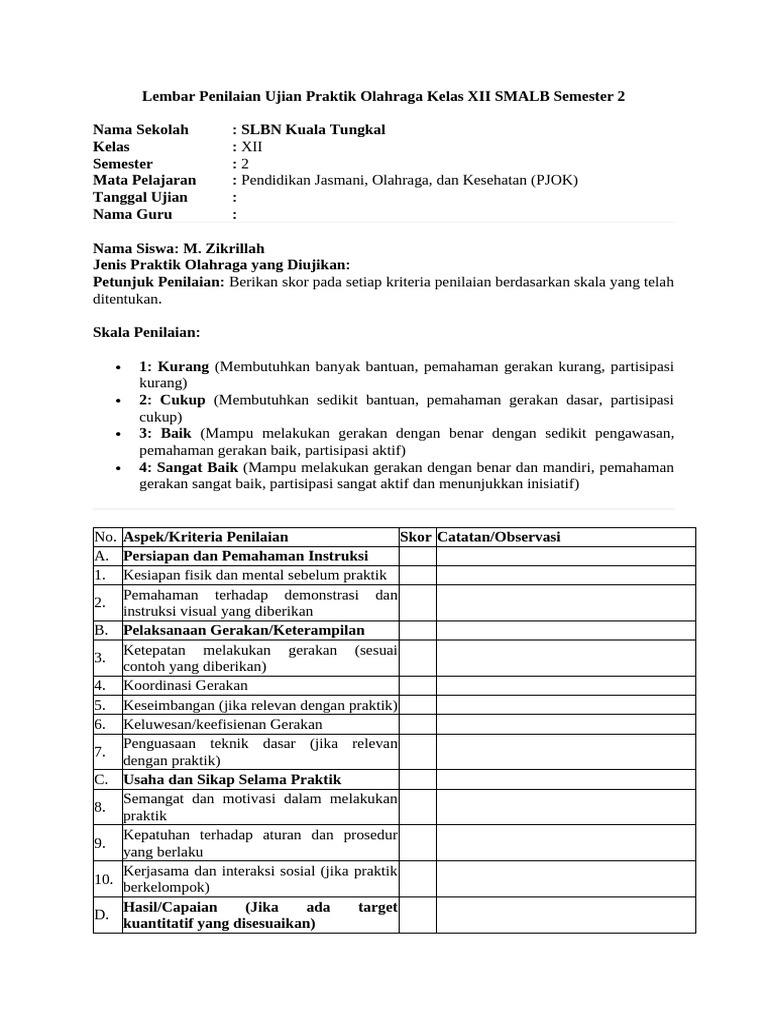Lembar Penilaian Ujian Praktik Olahraga Kelas XII SMALB Semester 2 | PDF