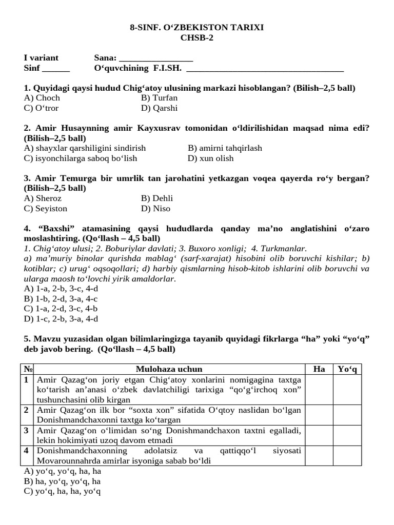 8 Sinf Ozb Tarix 1 2 Var 2 CHSB @summativ Formativ Baholash | PDF
