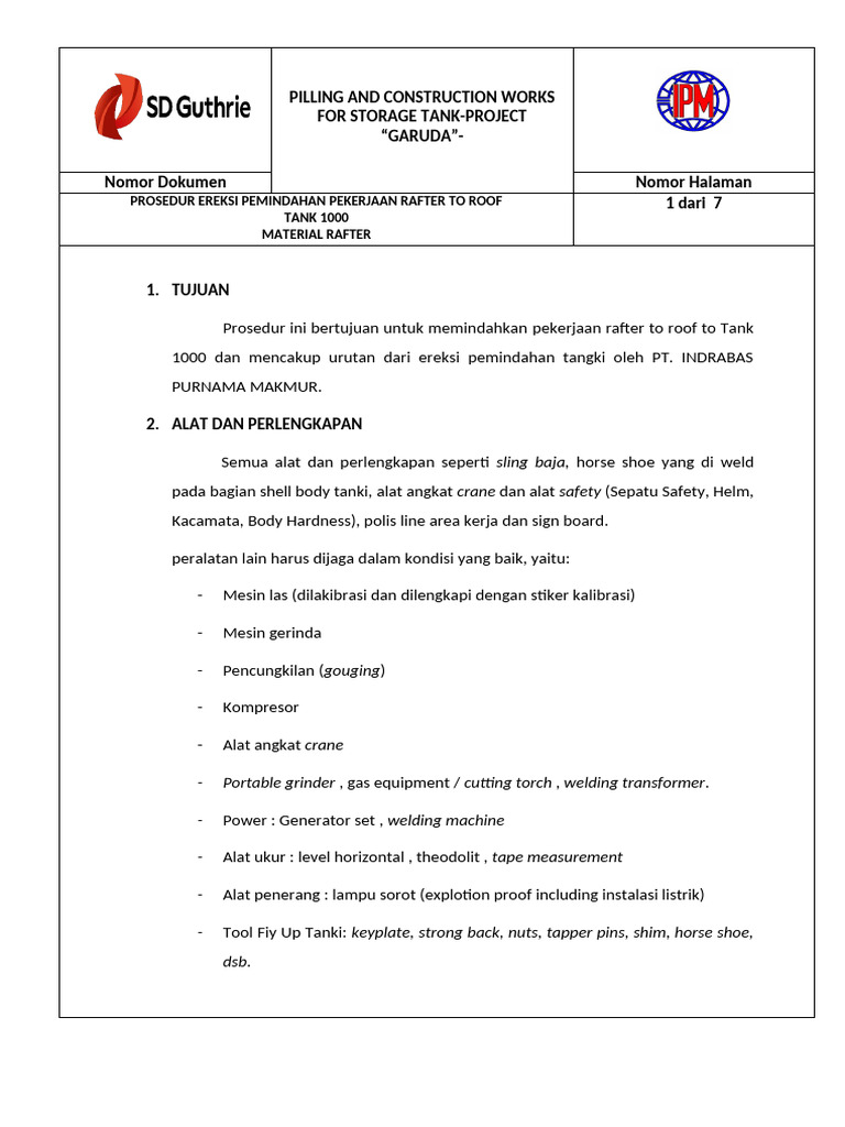 Prosedur Erekasi Rafter Tank 1000 | PDF