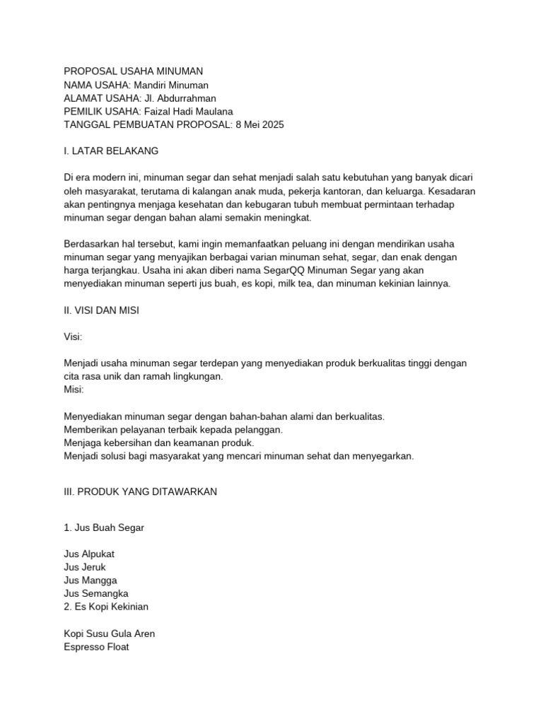 Proposal Usaha Minuman | PDF
