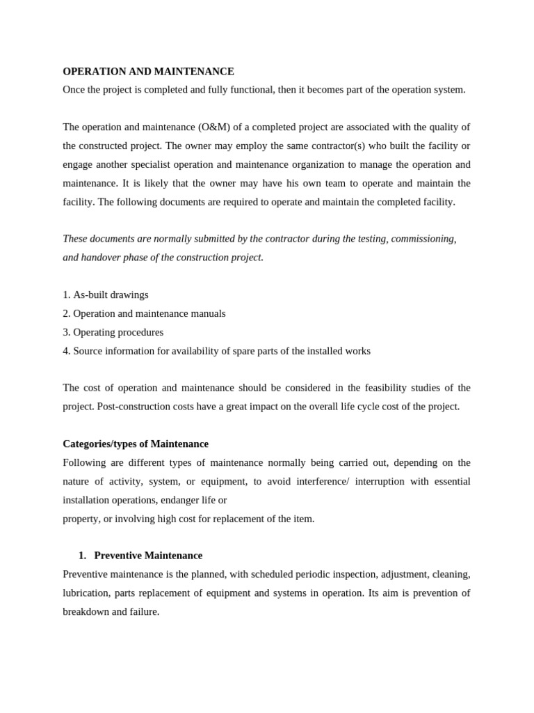 Operation and Maintenance Overview | PDF
