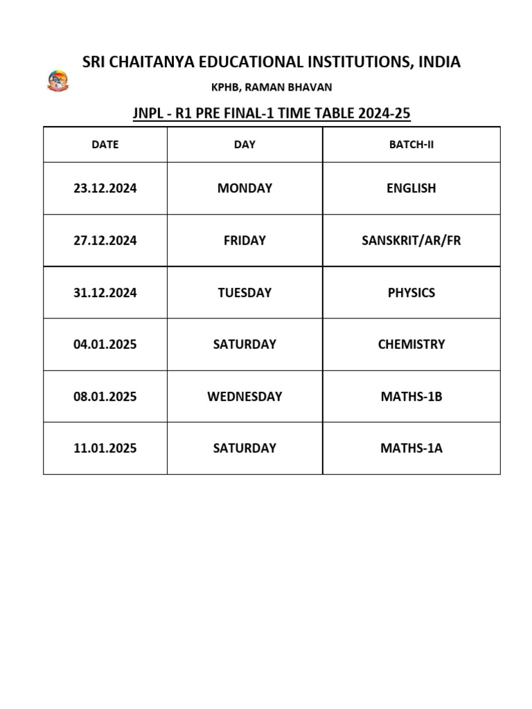 Junior NPL Pre Final-I Time Table - (JNPL R1) | PDF