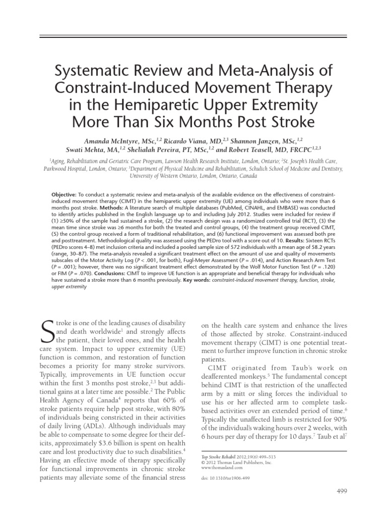 Systematic Review and Meta-Analysis of Constraint-Induced Movement Therapy in The Hemiparetic ...